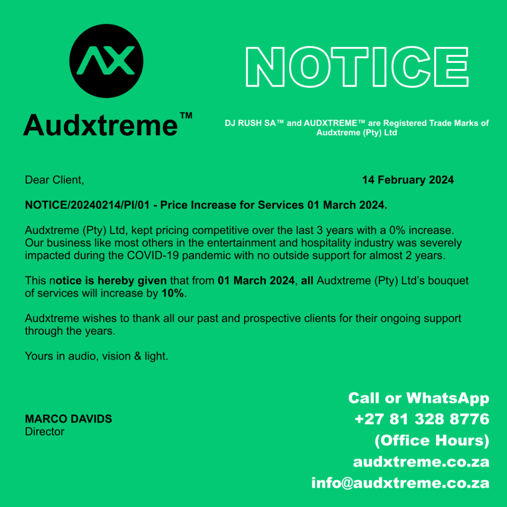 Services price increase notice NOTICE/20240214/PI/01. – Audxtreme™